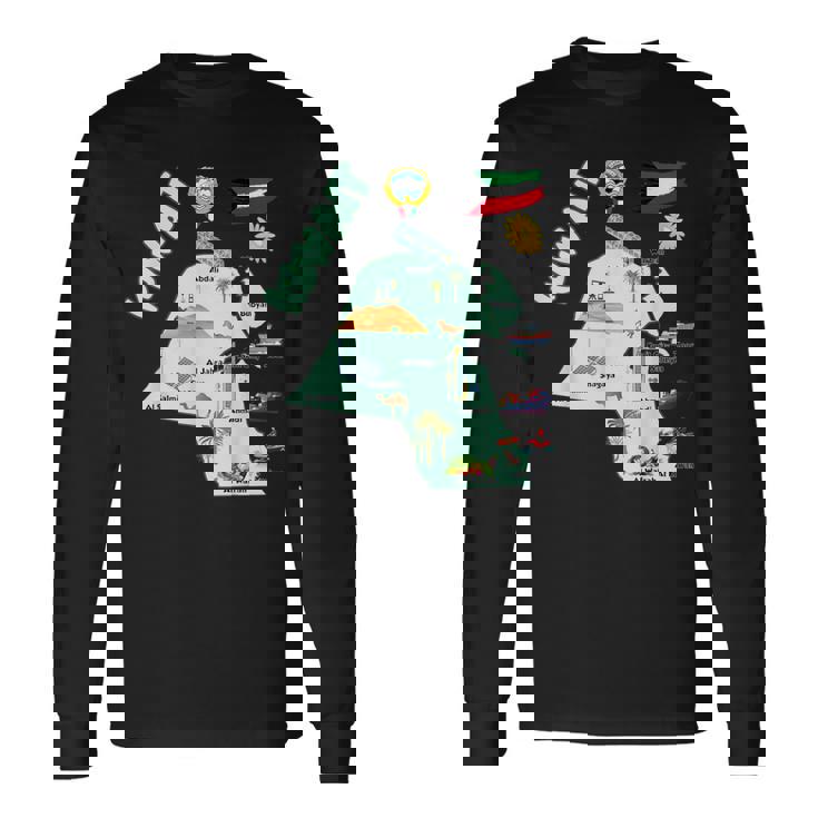 Kuwait Map Tourist Attractions Cities Flag Long Sleeve T-Shirt - Monsterry