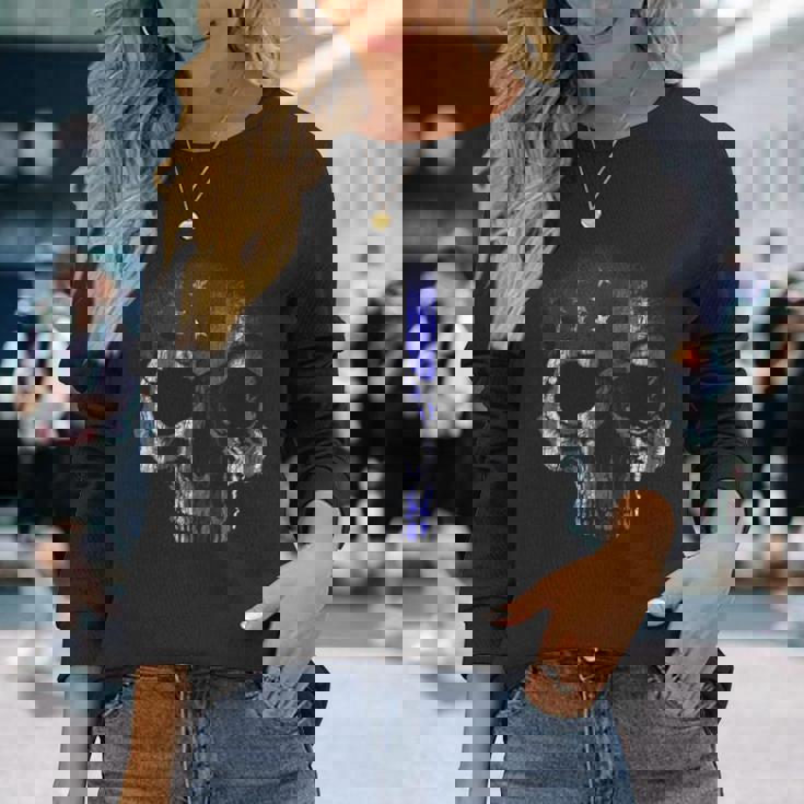 Thin Blue Line Police Usa Skull Flag Law Enforcement Support Long ...