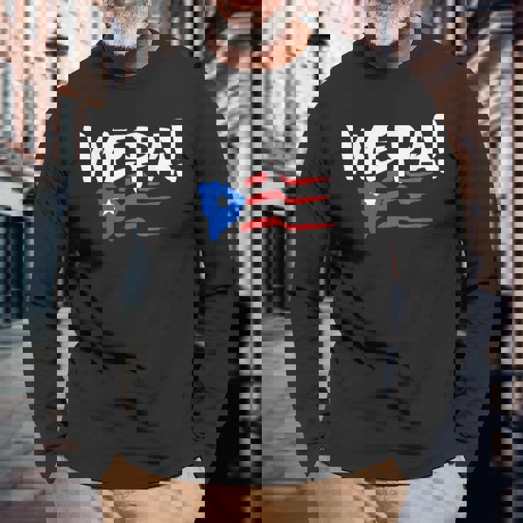 Wepa Bandera Puerto Rico Flag Hand Lettering Long Sleeve T-Shirt | Mazezy