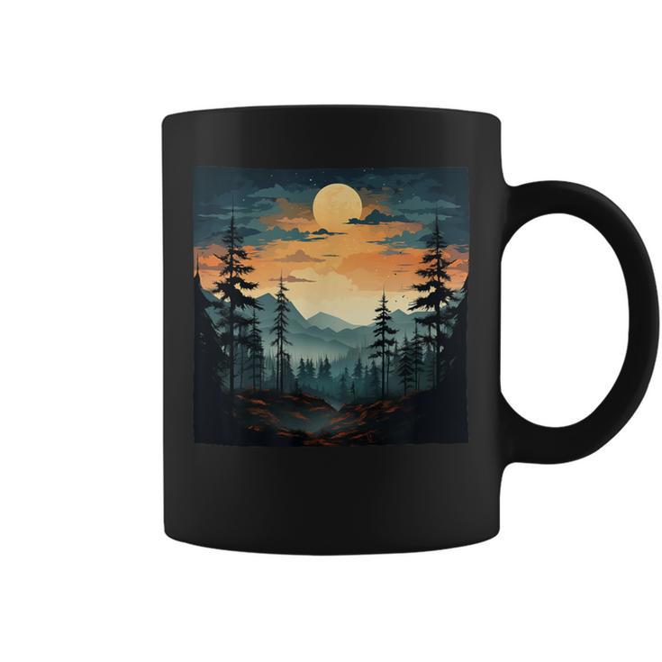 Forest Pine Trees Clouds Sun Mountains Graphic Coffee Mug | Mazezy
