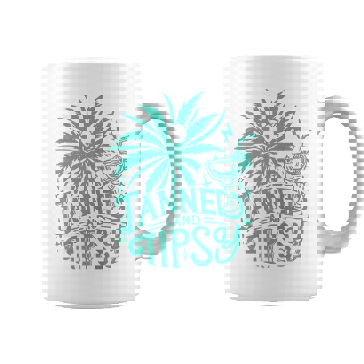 Retro Tanned And Tipsy Beach Summer Vacation On Back Coffee Mug - Monsterry
