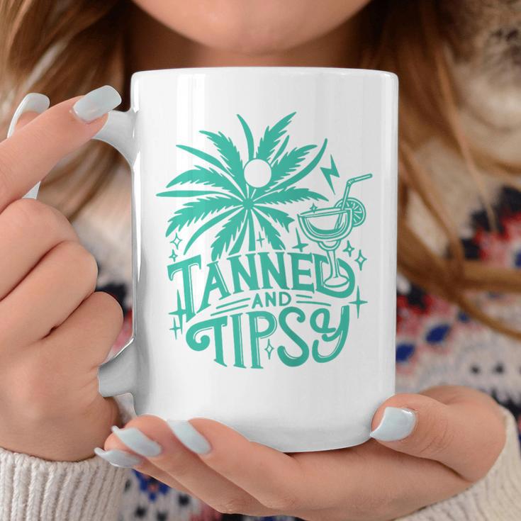 Retro Tanned And Tipsy Beach Summer Vacation On Back Coffee Mug - Monsterry