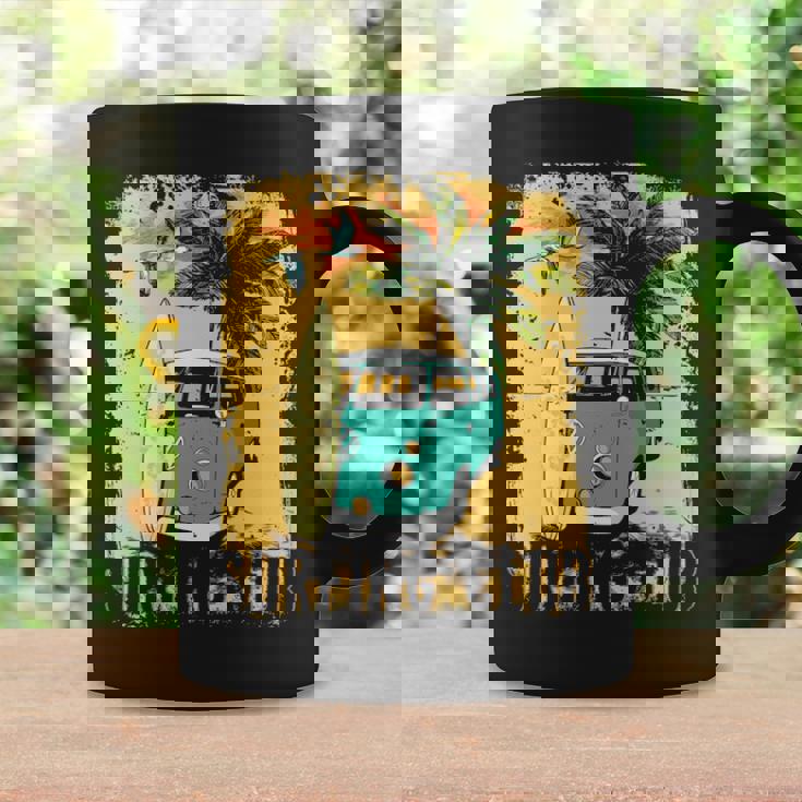 Surfing Summer Beach Hippie Van Bus Surfboard Palm Tree Coffee Mug | Mazezy