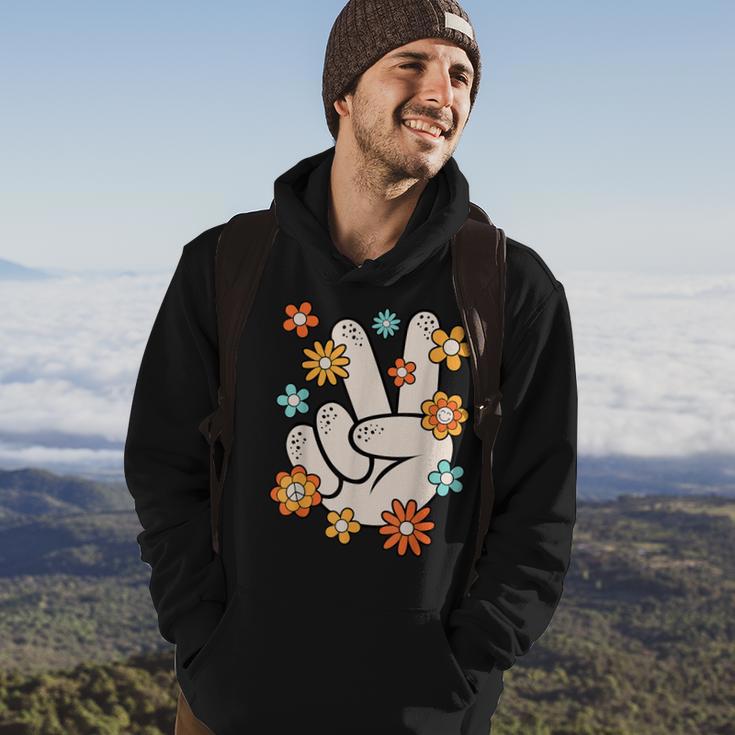 Groovy Peace Hand Sign Hippie Theme Party Outfit 60S 70S Hoodie | Mazezy