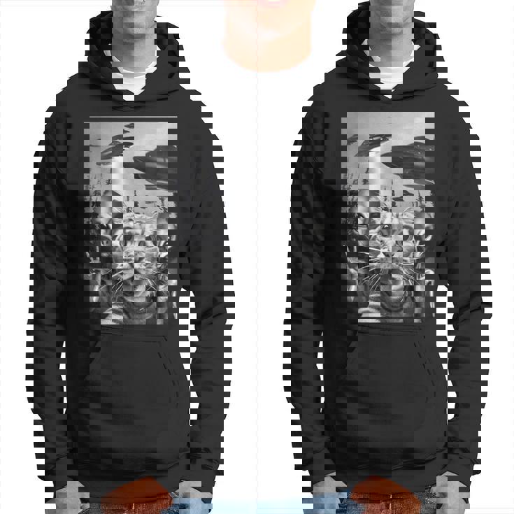 Cat Selfie With Ufos Peace Sign Alien Cat Ufo Invasion Hoodie | Mazezy