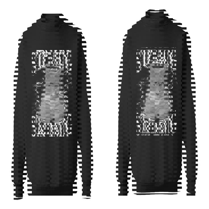 Stop Talking Start Mewing Looksmaxing Meme Cat Trendy Hoodie - Seseable