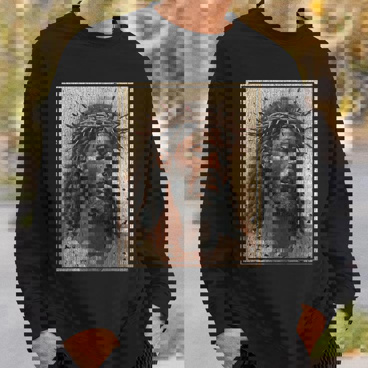 Black Jesus Face Of Jesus Cross With Crown Of Thorns Sweatshirt - Monsterry
