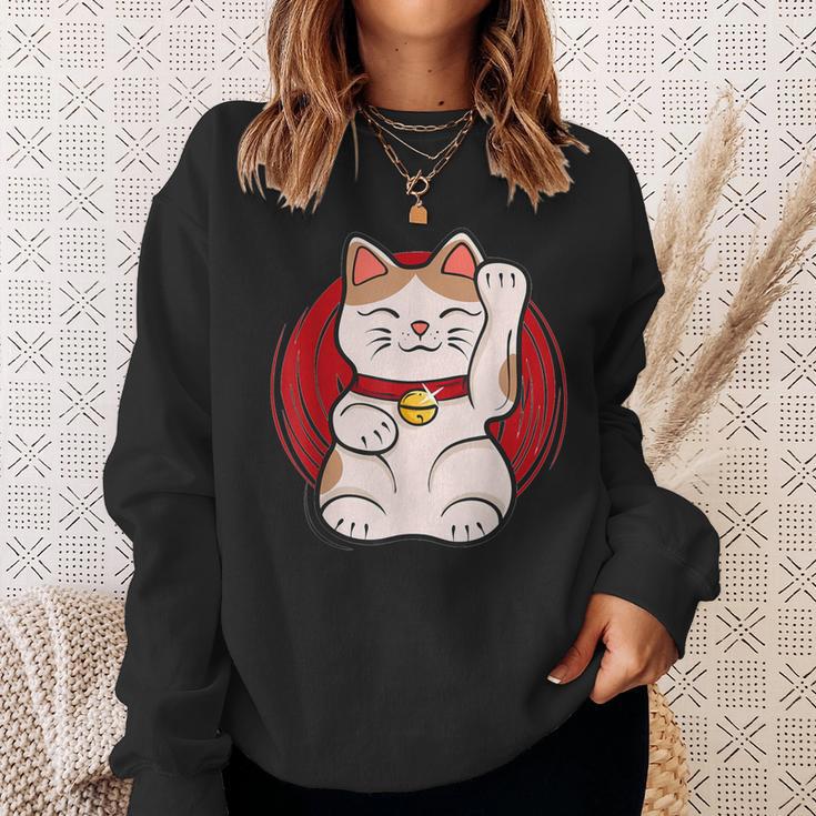 Maneki-Neko Lucky Cat Statue Waving Japanese Style Sweatshirt - Monsterry