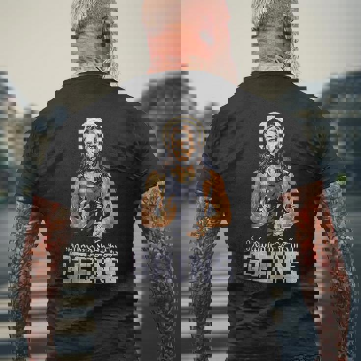 Hallowed Be Thy Gains Muscle Jesus Mens Back Print T-shirt | Mazezy