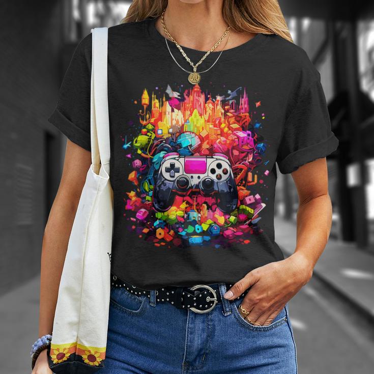 Colorful Graffiti Tie Dye Splash Video Game Controller Gamer T-Shirt ...