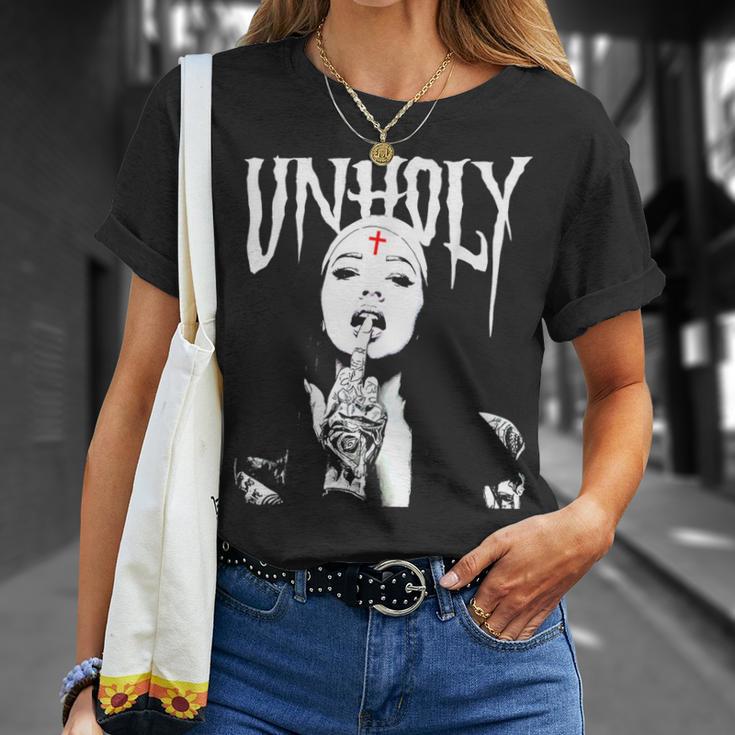 Occult Gothic Dark Satanic Nun Tattoos Unholy Nun Horror T-Shirt | Mazezy