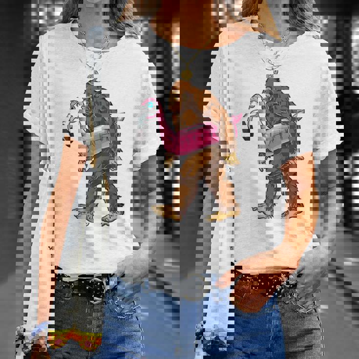 Pool Party Bigfoot Flamingo Sasquatch Pink Float Tee T-Shirt - Thegiftio