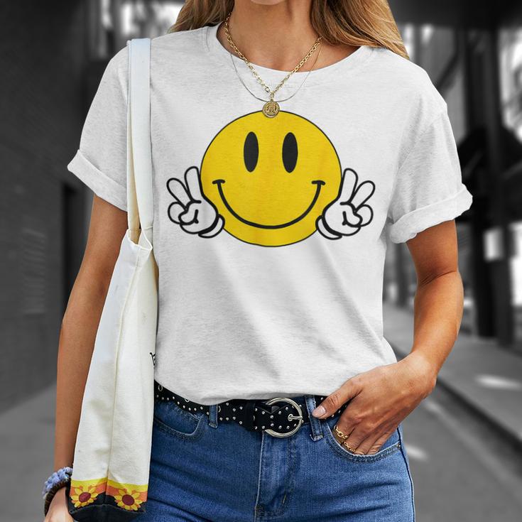 Yellow Smile Face Cute Checkered Peace Smiling Happy Face T-Shirt | Mazezy