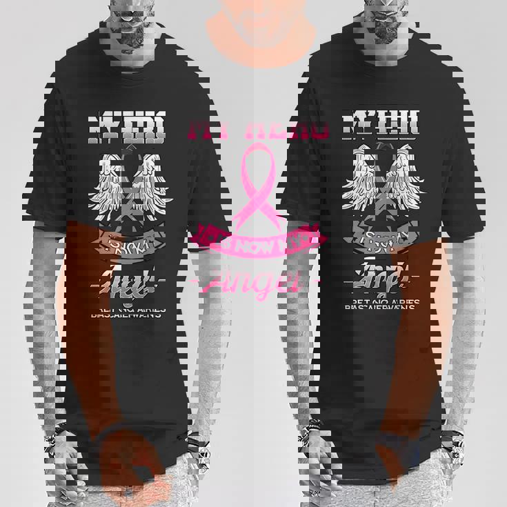 My Hero Is Now My Angel Breast Cancer Mammogram Pink Ribbon T-Shirt ...