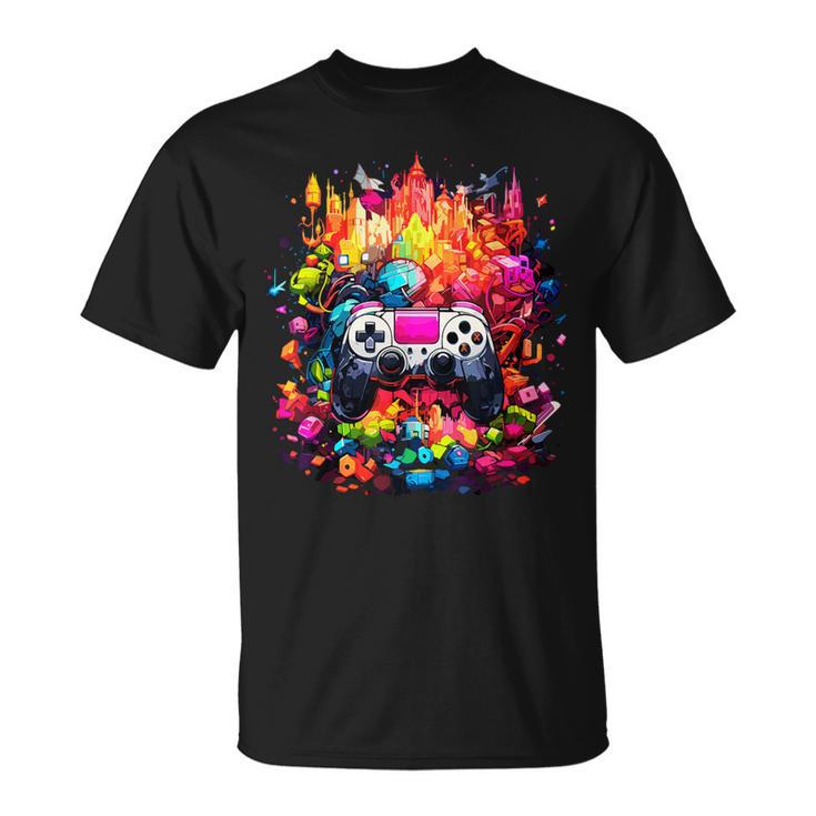 Colorful Graffiti Tie Dye Splash Video Game Controller Gamer T-Shirt ...