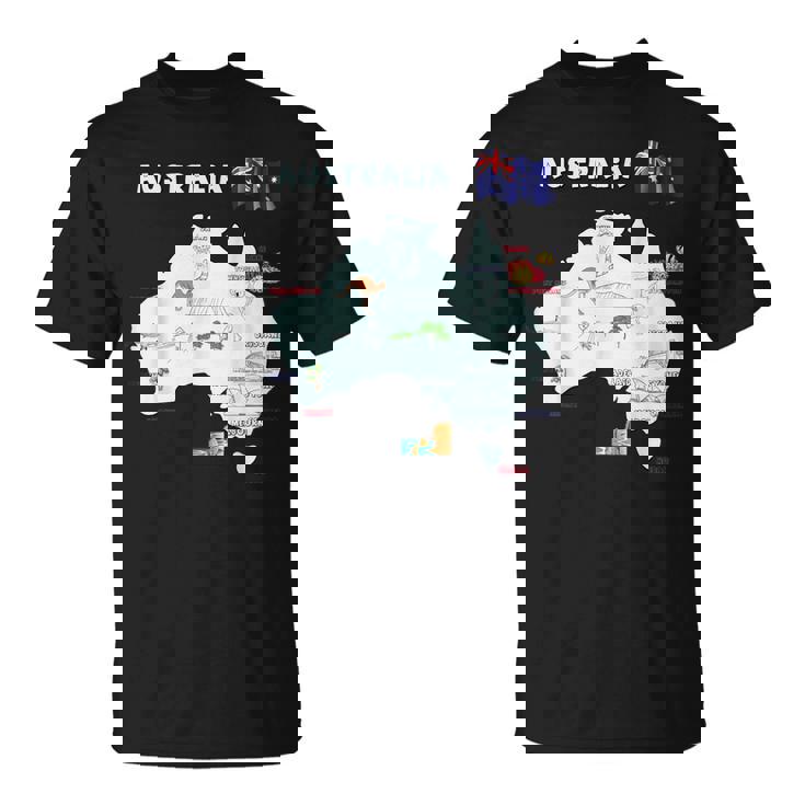 Map Of Australia Major Cities Flag And Landmarks T-Shirt - Monsterry