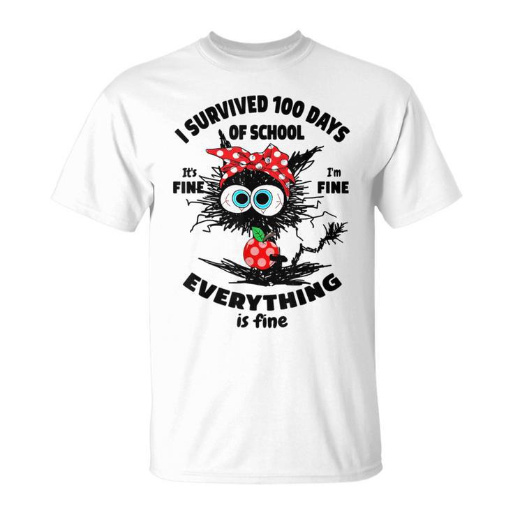 Cat I Survived 100 Days Of School Its Fine I'm Fine T-Shirt | Mazezy