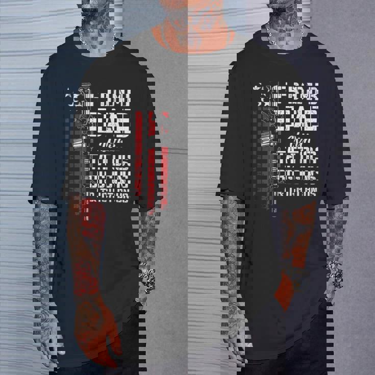 F Bomb Dad Tattoos Big Guns Tight Buns Gun On Back T-Shirt - Monsterry