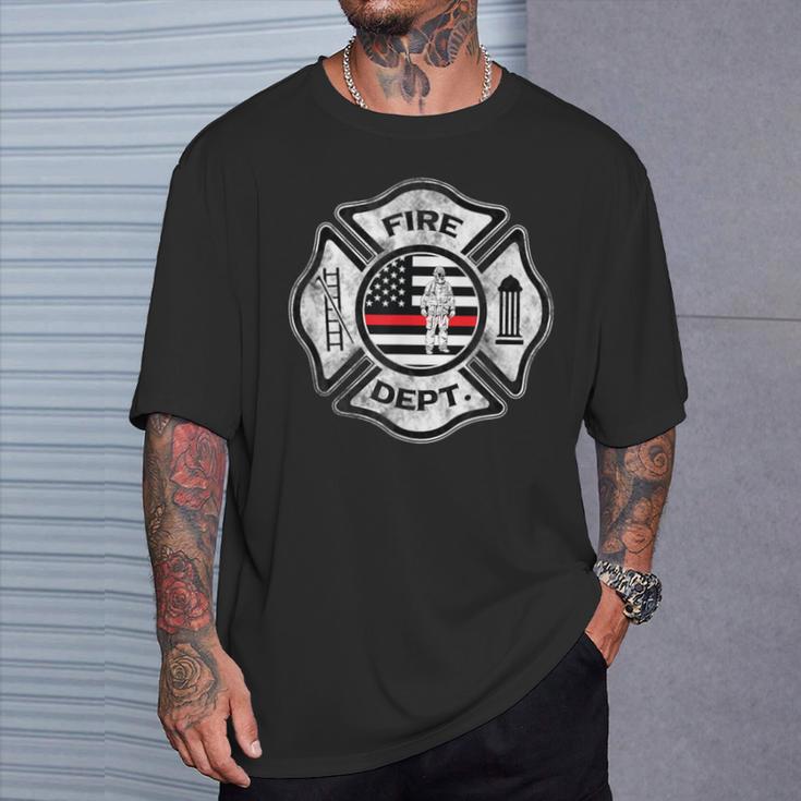Firefighter Fireman Maltese Cross Thin Red Line T-Shirt - Monsterry