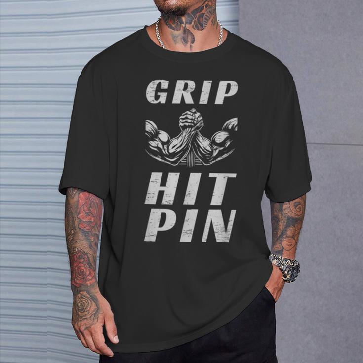Grip Hit Pin Arm Wrestling Strength T-Shirt - Monsterry