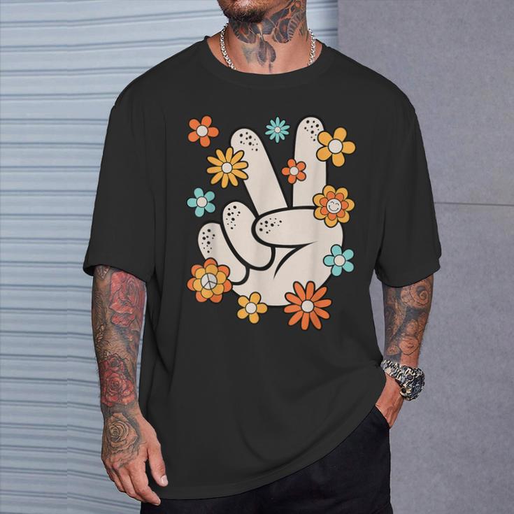 Groovy Peace Hand Sign Hippie Theme Party Outfit 60S 70S T-Shirt | Mazezy