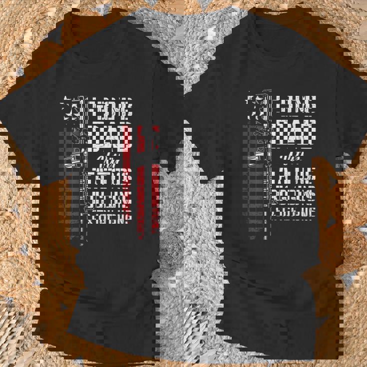 F Bomb Dad Tattoos Big Guns Tight Buns Gun On Back T-Shirt - Monsterry