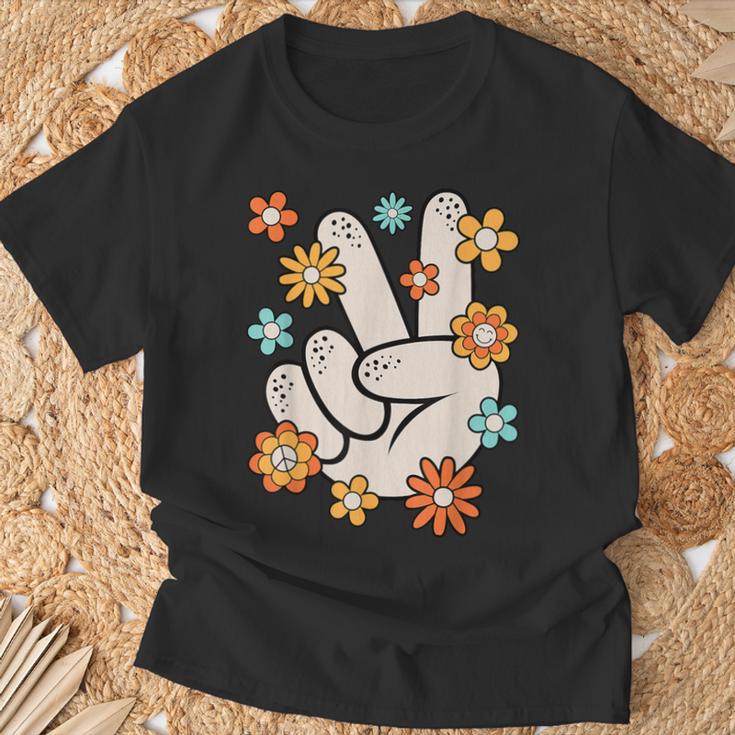 Groovy Peace Hand Sign Hippie Theme Party Outfit 60S 70S T-Shirt | Mazezy
