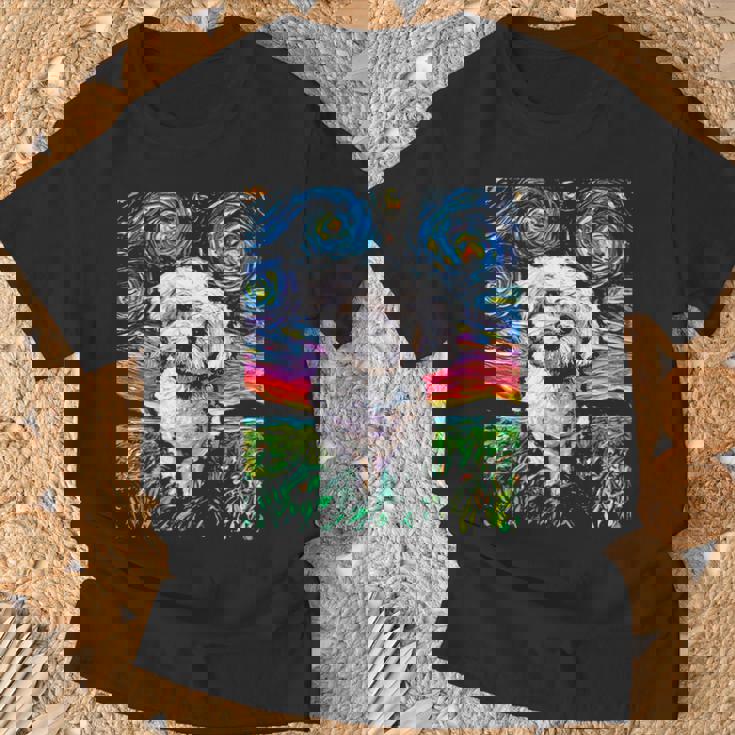 Maltipoo Starry Night White Maltese Poodle Dog Art By Aja T-Shirt | Mazezy